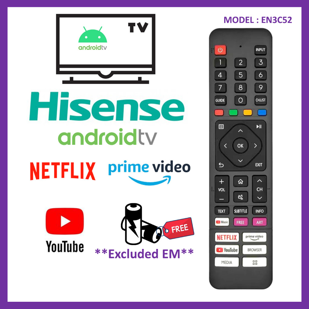Hisense 4K UHD QLED Android Smart TV Remote Control EN3C52 Replacement ...