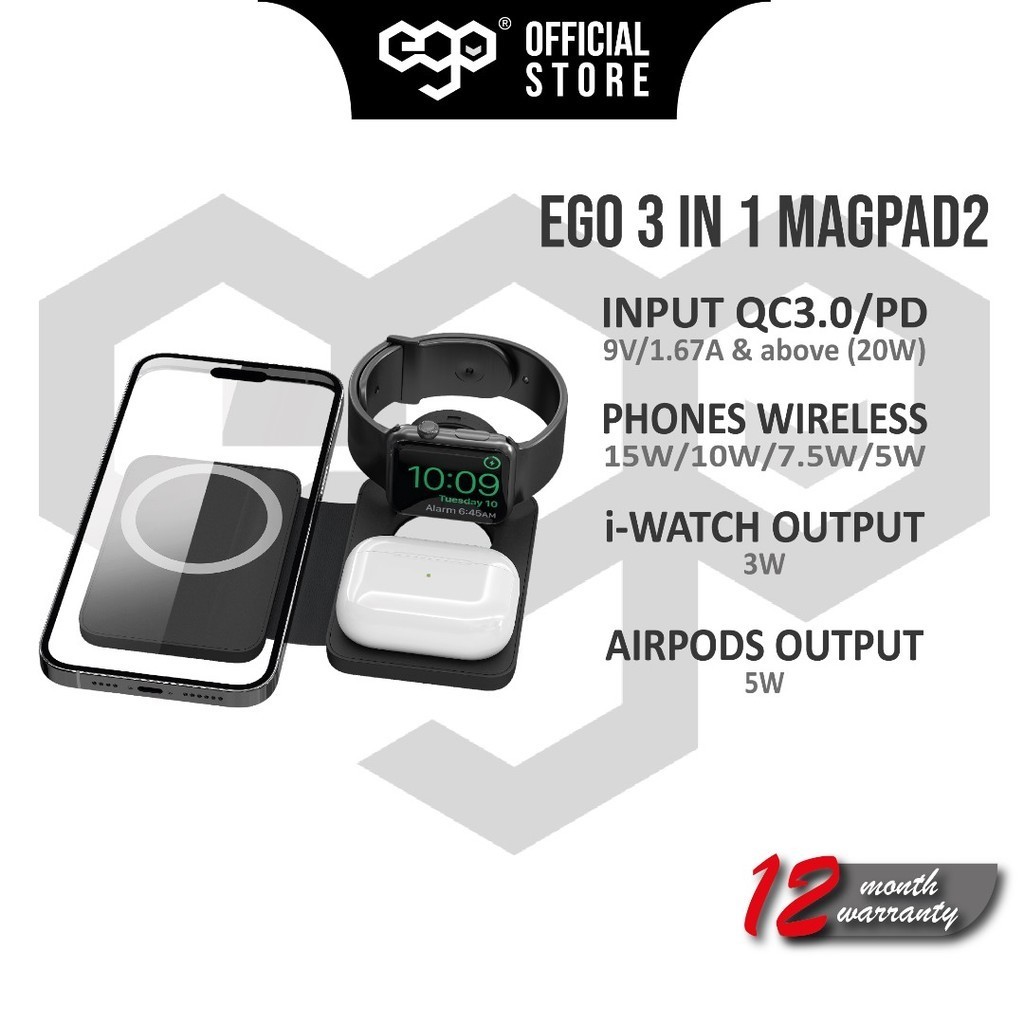 Ego 3in1 MAGPAD2 Magsafe Charger Wireless Charging Stand Type-C to C ...