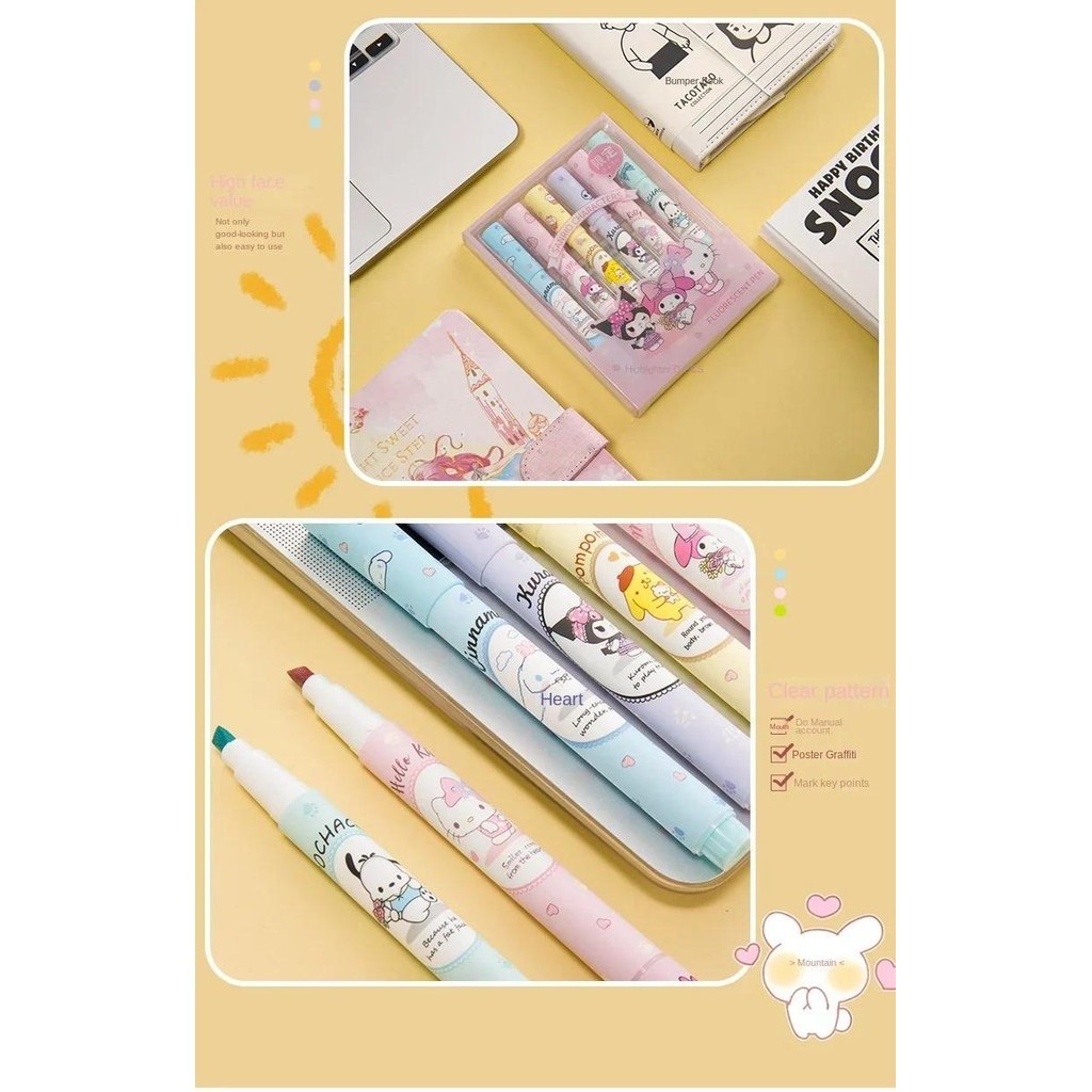 6pcs Kawaii Marking Pen Cute Cartoon KT Kuromi Melody Highlighter ...