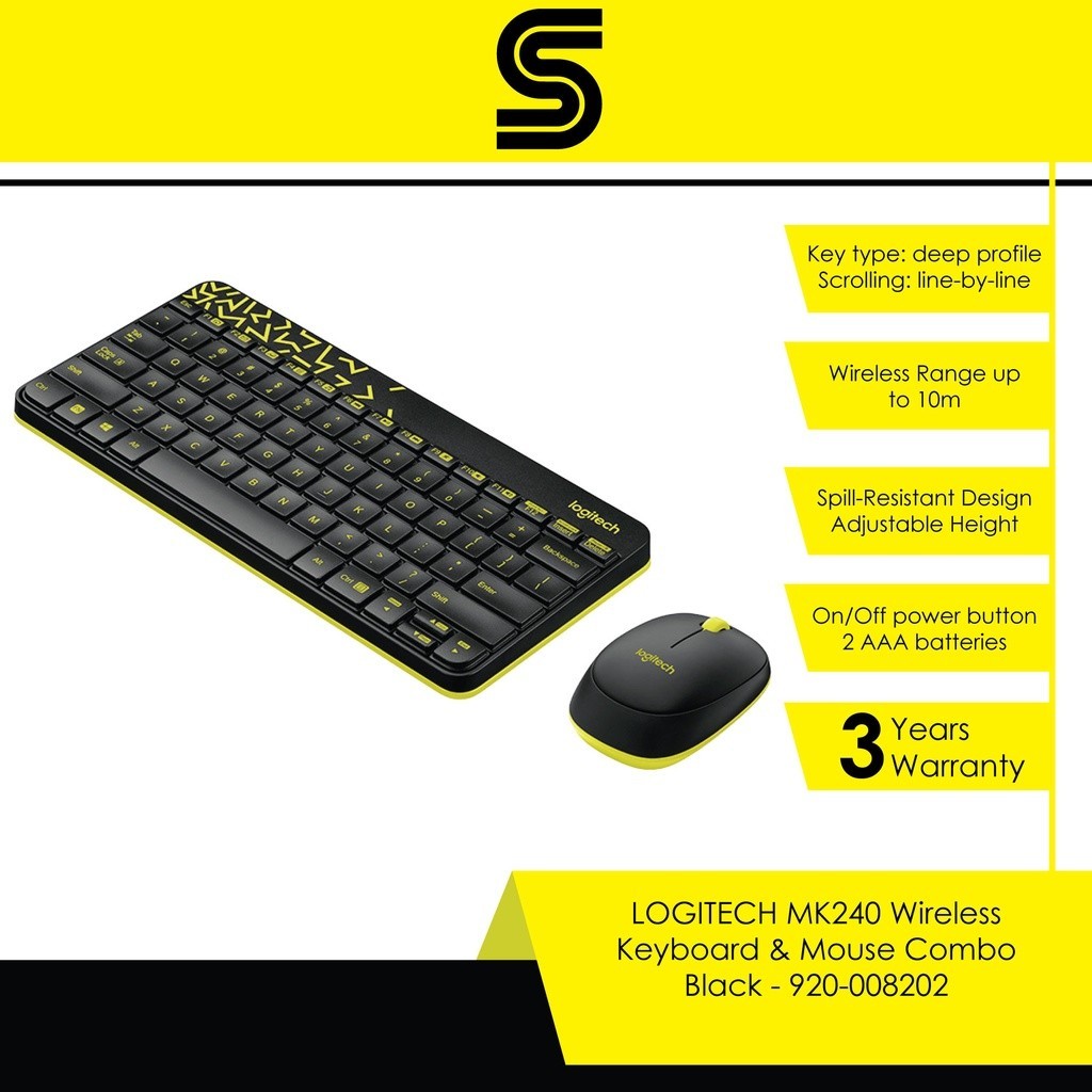 LOGITECH MK240 Wireless Keyboard+Mouse Combo (Black Yellow, White Red ...