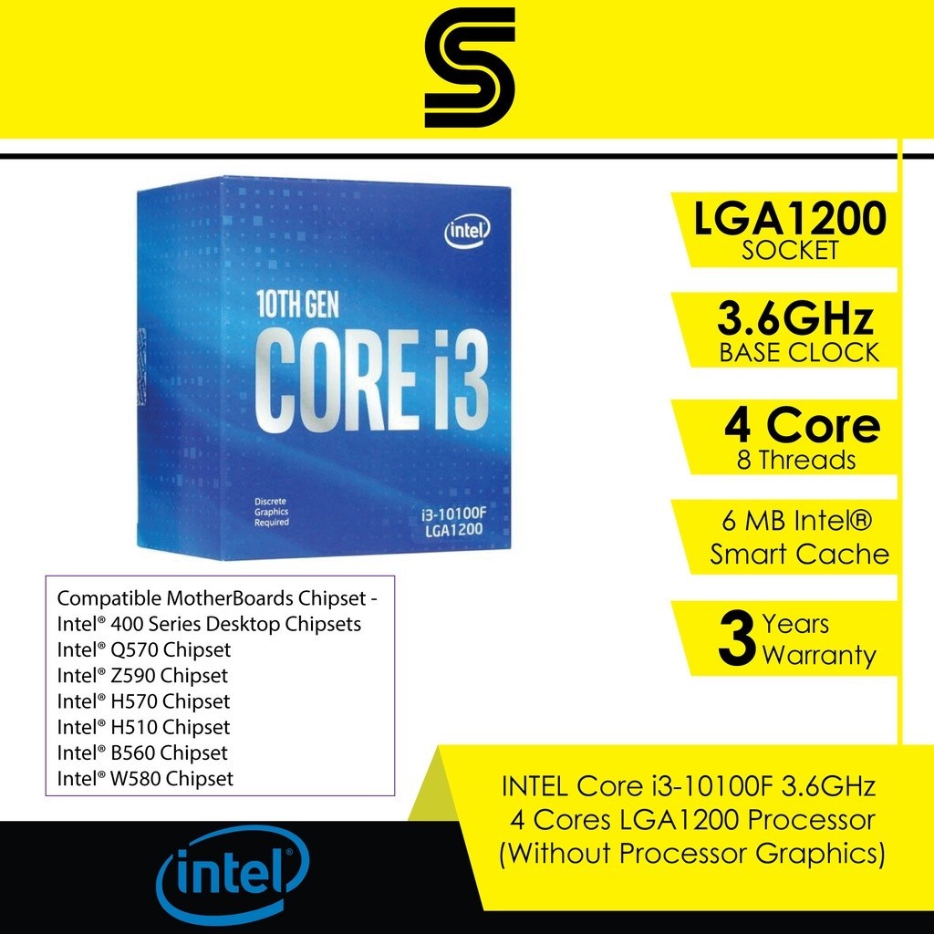 INTEL Core i3-10100F 3.6GHz 4 Cores LGA1200 Processor (Without Processor Graphics) | Shopee Malaysia