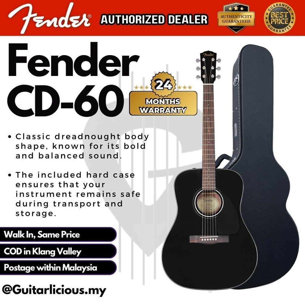 Fender CD-60 Dreadnought V3 Acoustic Guitar w/case, Walnut FB , Black ( CD60 / CD 60 / CD60-BK ...