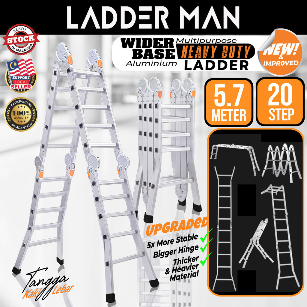 5.7M 20 Step Wider Base Heavy Duty Foldable Ladder Multipurpose ...