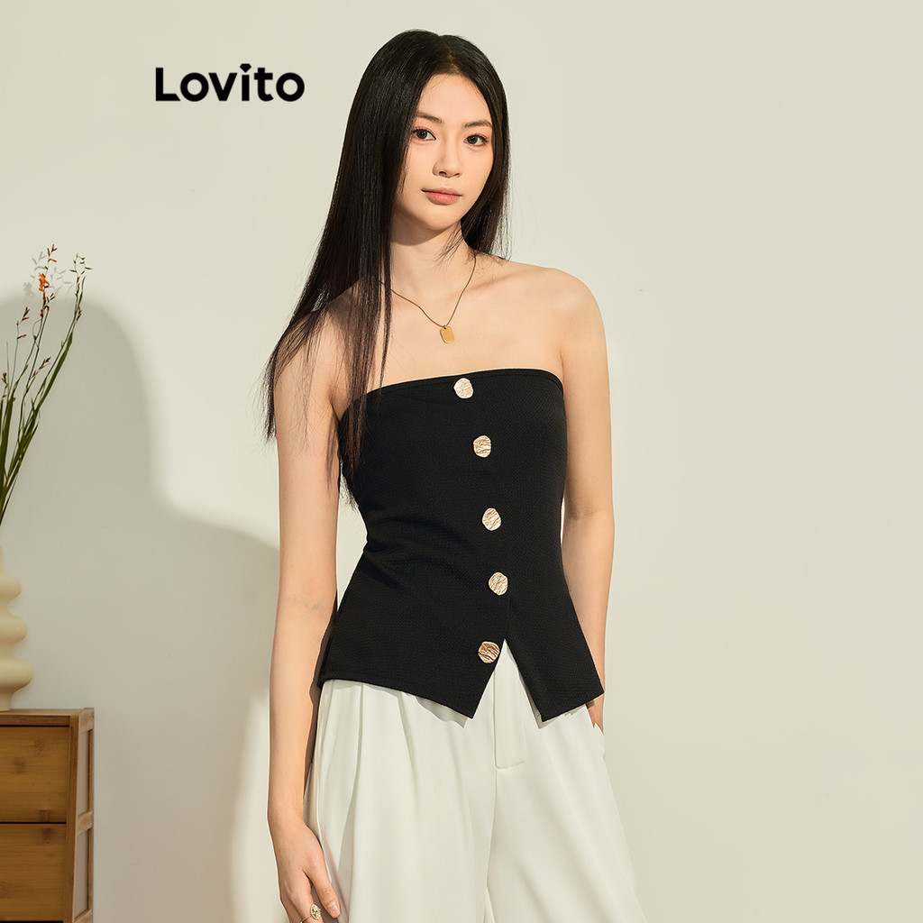 Lovito Casual Plain Button Split Front Tank Top for Women L73AD021 ...