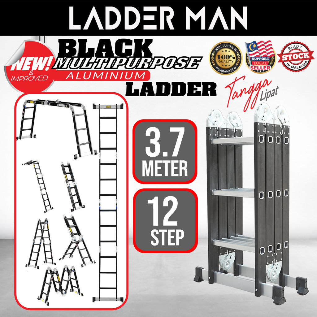 12 STEP (3.7M) Black Aluminium Multipurpose Ladder Folding Double Sided ...