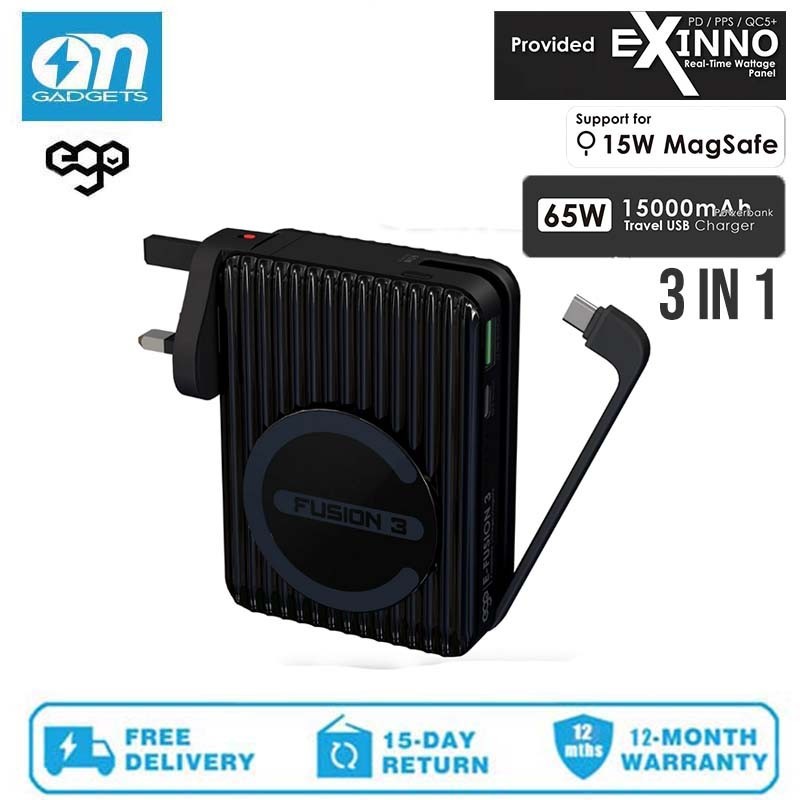 Ego E-Fusion3 15000mAh PD 65W PowerWall Bank With 3 In 1 Adaptor, USB ...