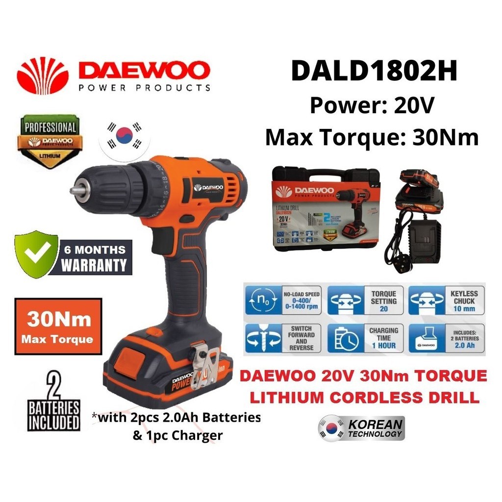 Daewoo 20V Lithium 3/8-inch Torque 30Nm Cordless Drill Driver | Shopee Malaysia
