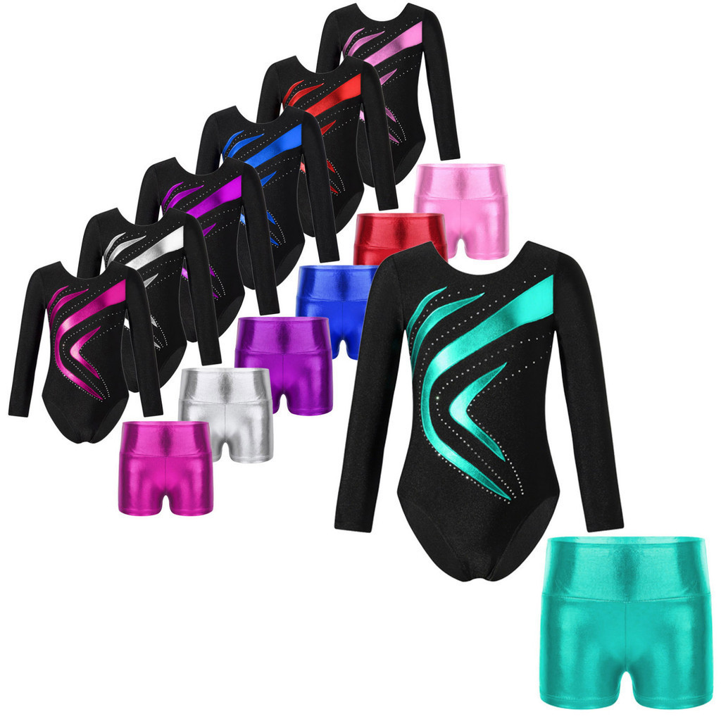 inhzoy Kids Girls Dance Set Long Sleeve Round Neck Shiny Rhinestones ...