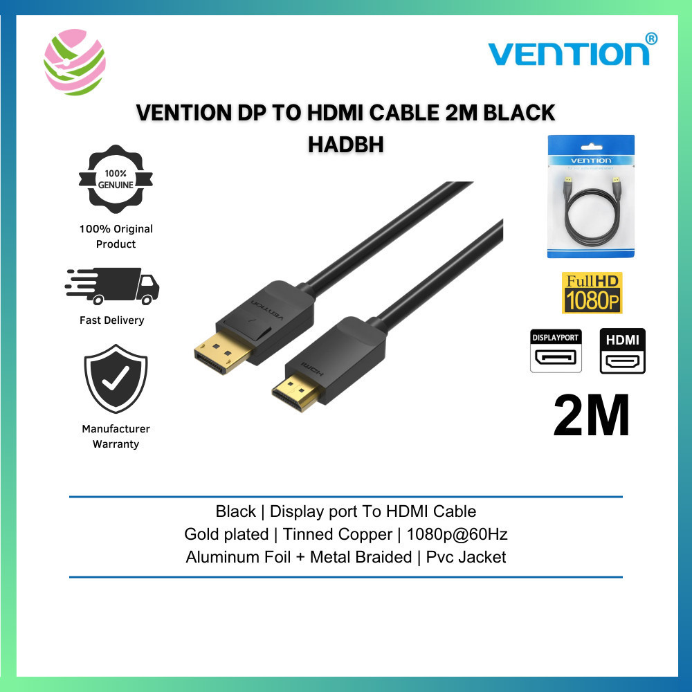 VENTION DISPLAY PORT TO HDMI CABLE 2M BLACK HADBH | Shopee Malaysia