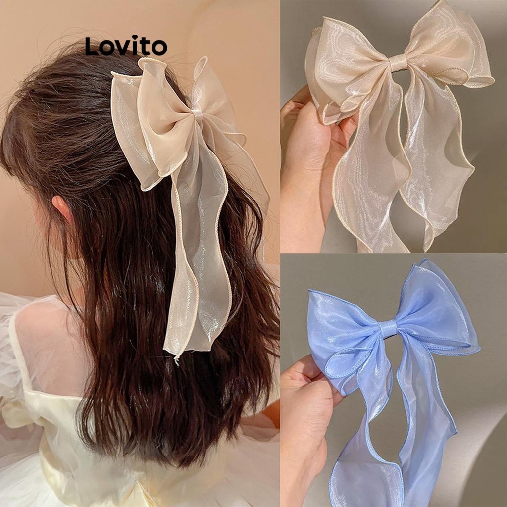 Lovito Preppy Plain Bow Fringe Mesh Ribbon Fairy Hair Clips for Women ...