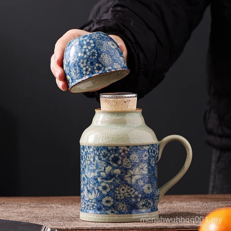 Cawan teh retro gelas botol termos biru dan putih Ruyao, kapasiti besar ...