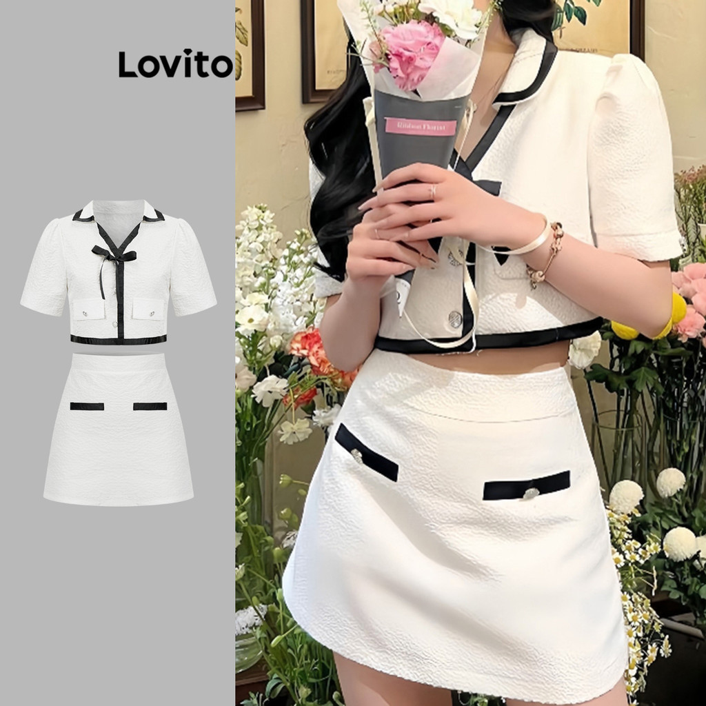 Lovito Casual Plain Contrast Binding Button Fake Pocket Skirt Sets for ...
