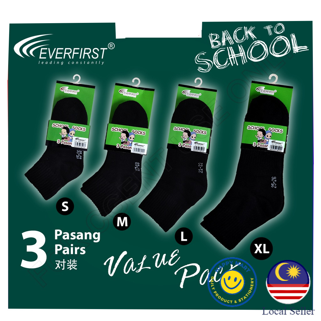 3 Pasang EverFirst Stokin Sekolah Hitam School Socks Black 黑色校袜学生袜 3 ...