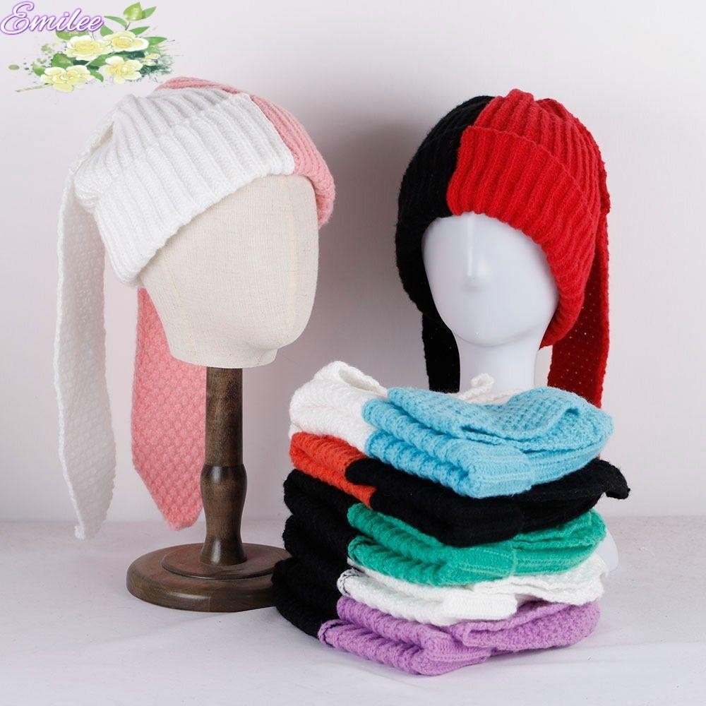 EMIL Knitted Wool Hat, Rabbit Ears Splicing Colors Warm Tide Hat ...