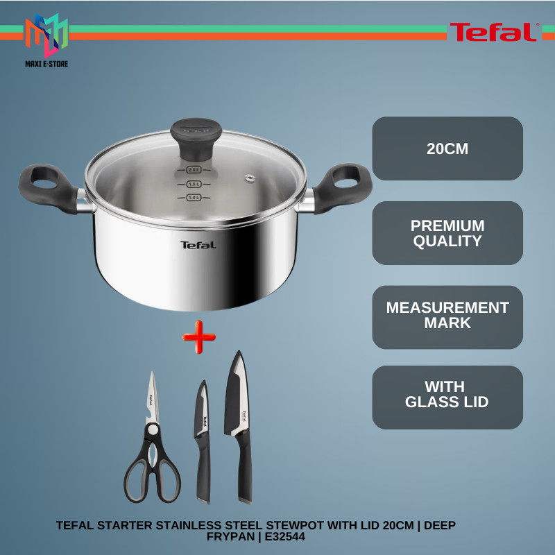 Tefal E3254495 Starter Stainless Steel Stewpot With Lid 20CM Premium Quality With Glass Lid ...