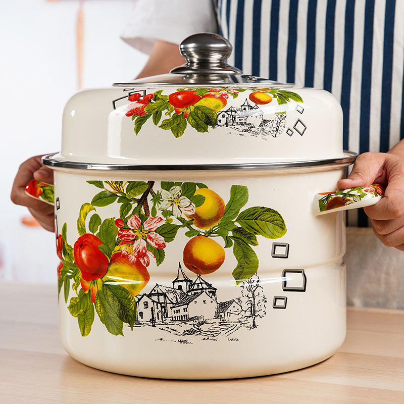 Pengukus enamel berkapasiti besar dua tingkat dengan penutup periuk ...