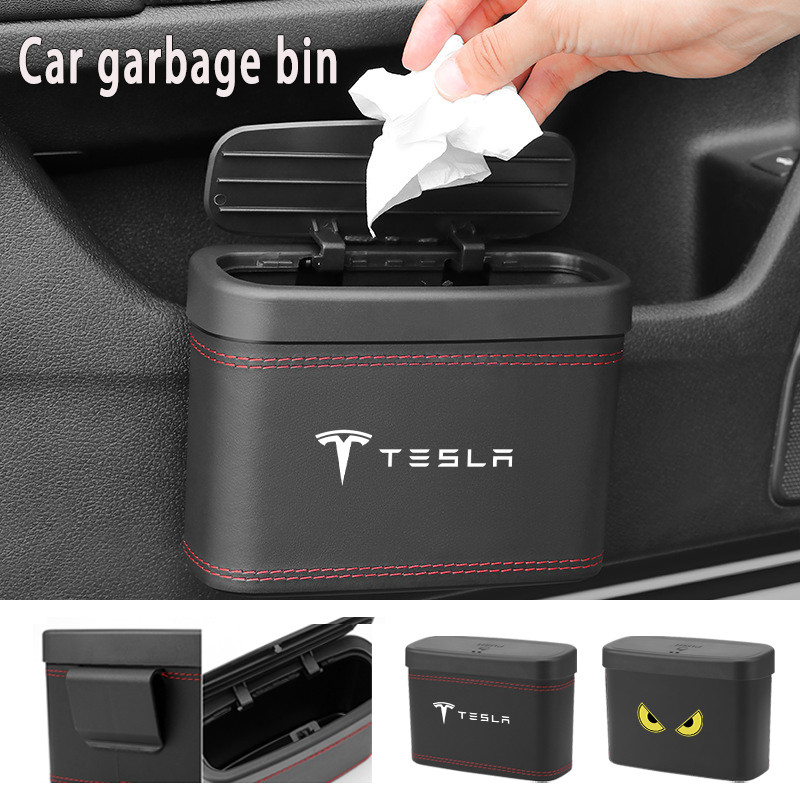 Tesla Car Trash Can Bin with Lid Small Leakproof Car Mini Leather ...