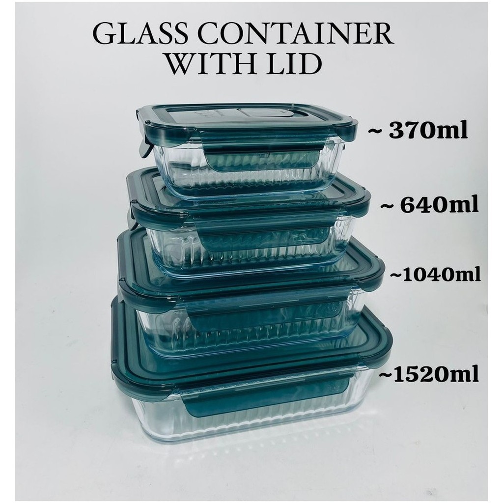Glass Food Container With Lid - 4 types Of Capacity (370ml, 640ml, 1040ml, 1520ml) | Shopee Malaysia