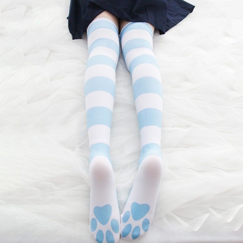 【现货】 Silk Stockings 长筒袜 学生袜 Jk袜袜蓝白粉白条纹脚印软妹二次元学院风美腿高筒过膝袜japanese Sweet