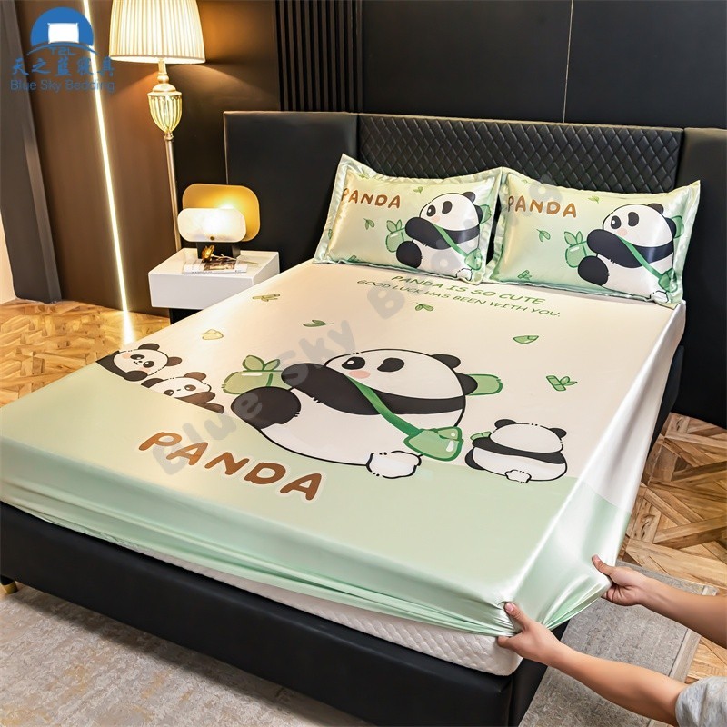Panda Pattern Ice Silk Mattress Protector Cool Fitted Sheets for Summer ...