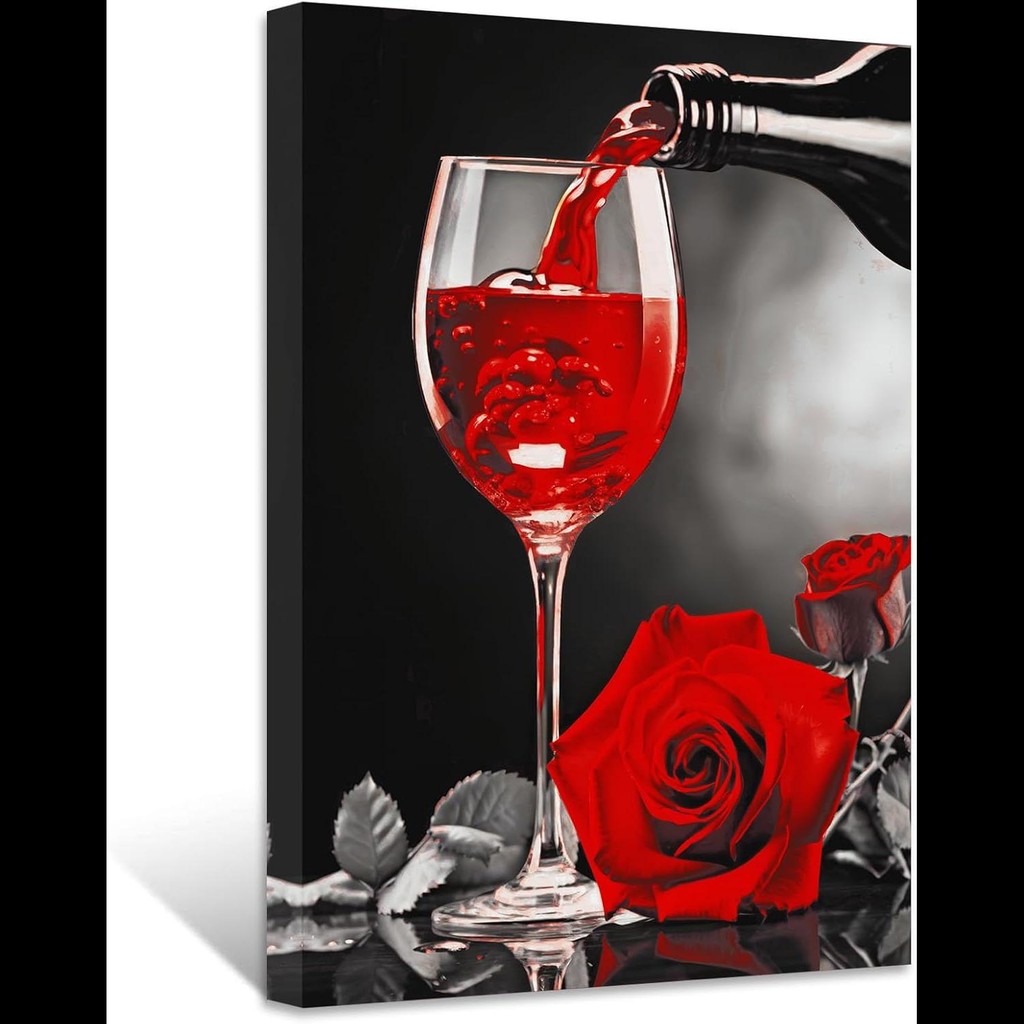 Hiasan Dinding Wain Merah Seni Kanvas, Cetak Belang Hitam Putih Merah ...