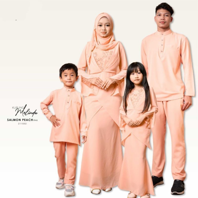 SALMON PEACH SET FAMILY SEDONDON IBU ANAK BAJU RAYA 2024 BAJU KURUNG ...