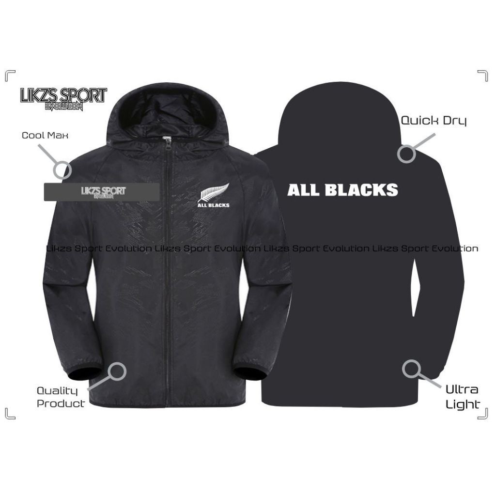 Ras Sport All Black Rugby Windbreaker Ultra-Light Rainproof LightWeight ...
