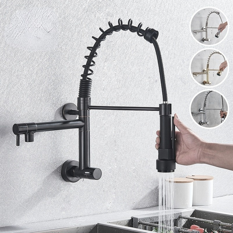 Spring ORB Wall Mounted Kitchen Faucet Pull Down Black Chrome Single ...