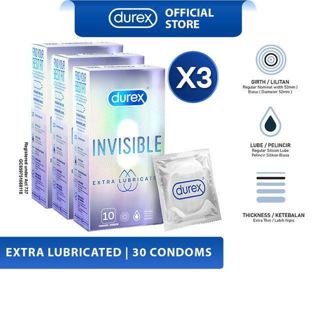 3 x Durex Invisible Extra Lubricated Condoms 10's [For man] Thinnest ...