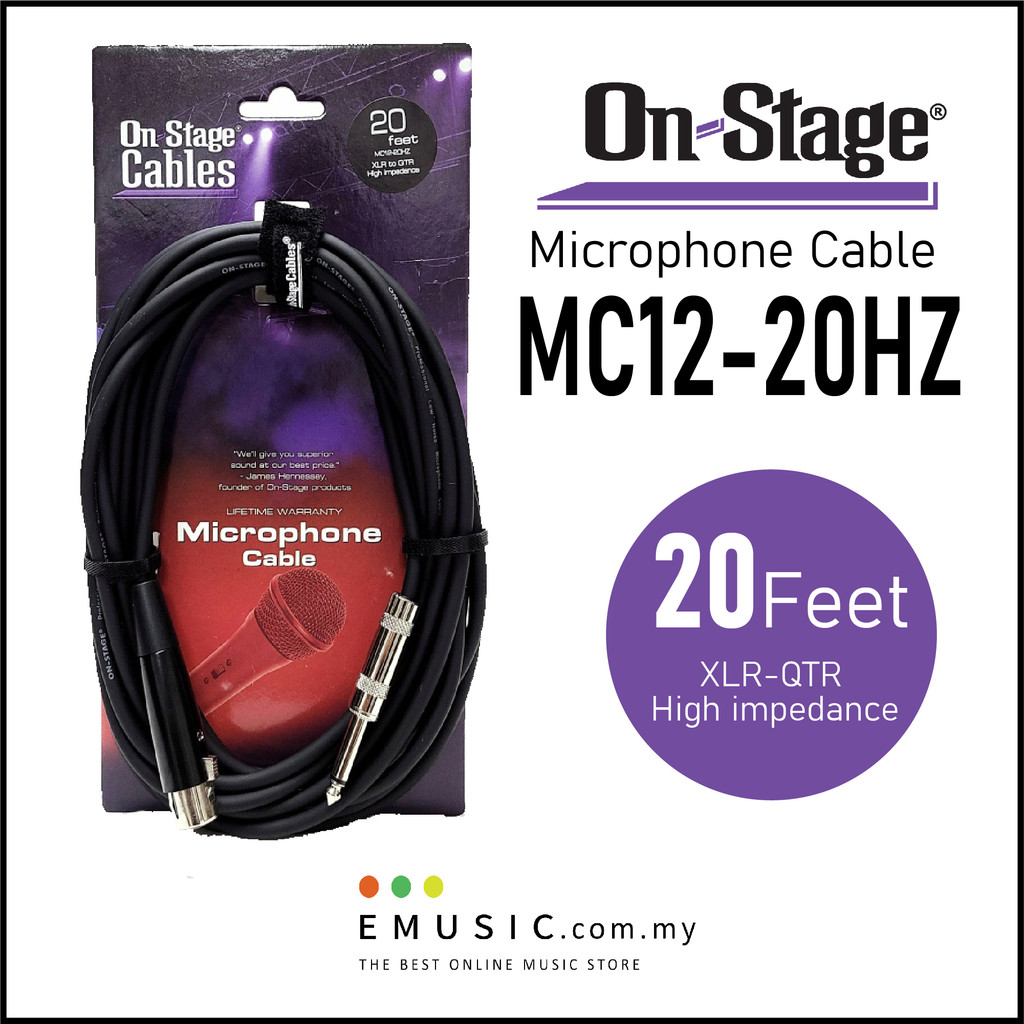 On Stage MC12-20HZ Hi-Z Microphone / Mic Cable | 20ft / 6.1m (XLR - QTR ...