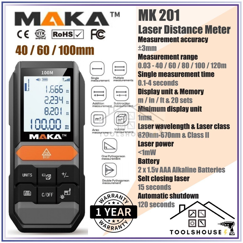 MAKA MK201 40m / 60m / 100m Laser Distance Meter 激光测距仪 | Shopee Malaysia
