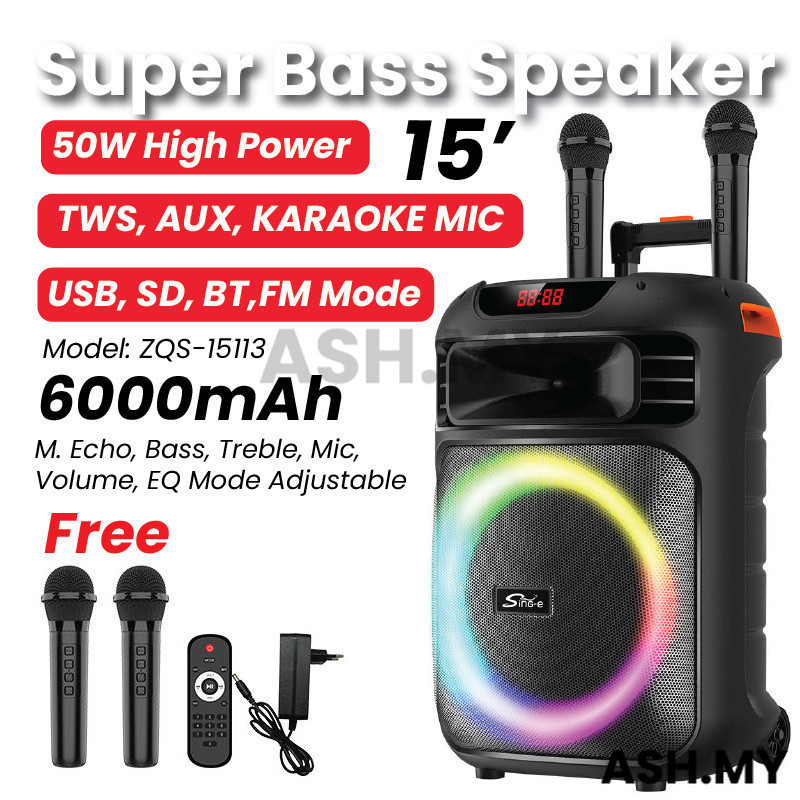 Sing-E ZQS-15113 Super Power Bass 50W 15-inch Subwoofer Wireless RGB Lghts Speaker with EQ Mode ...