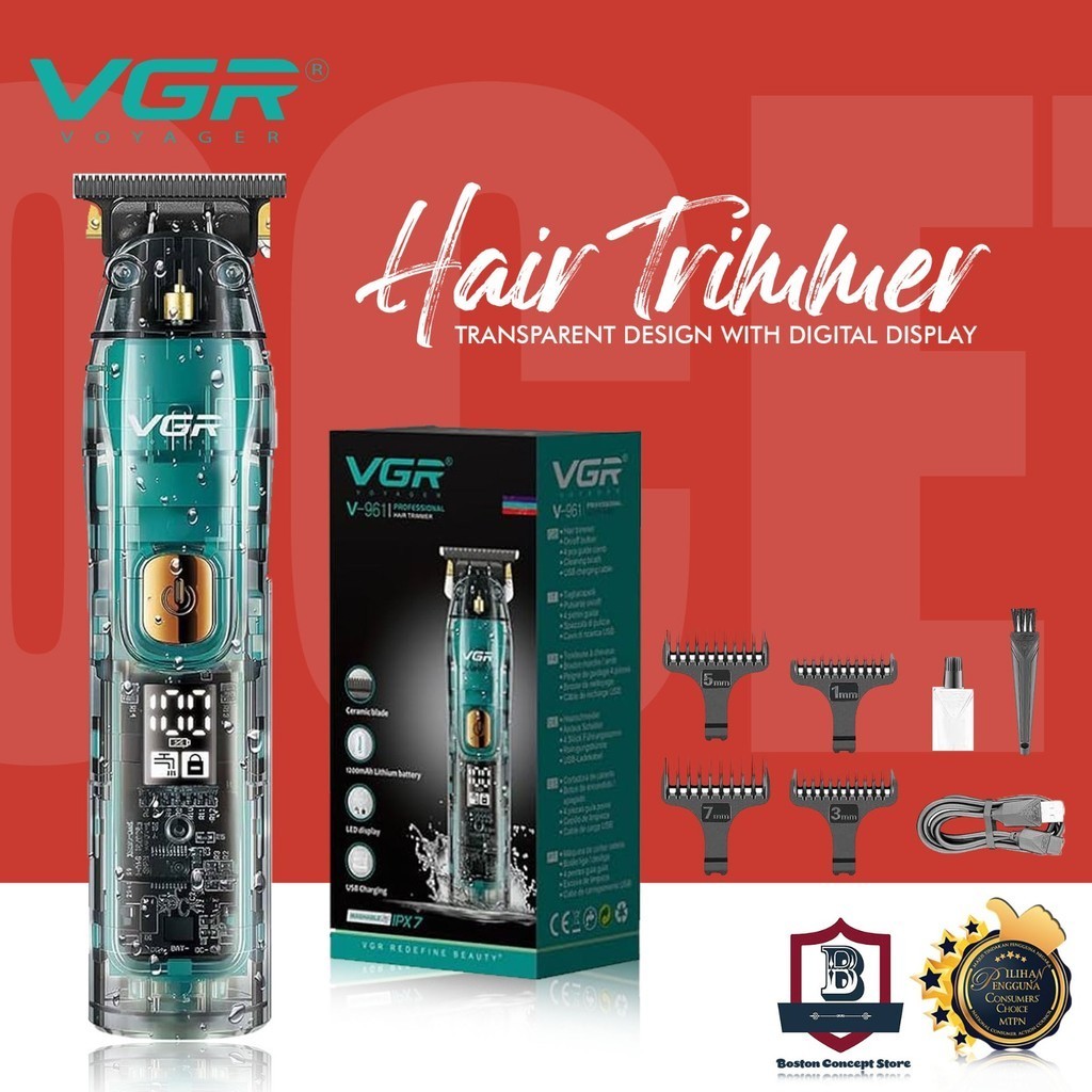 VGR V-961 Waterproof Hair Trimmer Cordless Hair Cutting Machine T-Blade Transparent Zero Cutting ...
