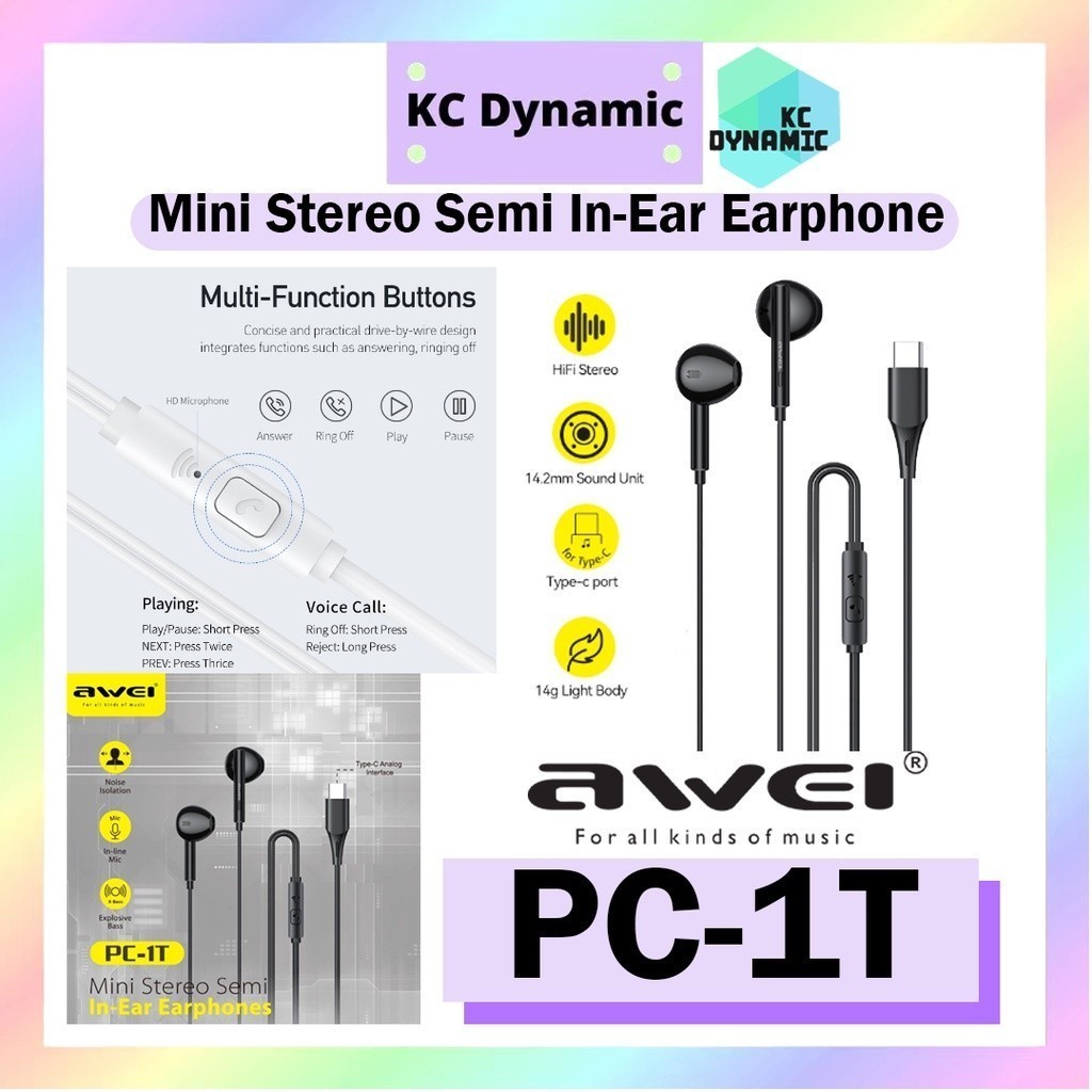 AWEI PC-1T Type C Analog Interface MINI STEREO Semi In-Ear Earphones ...