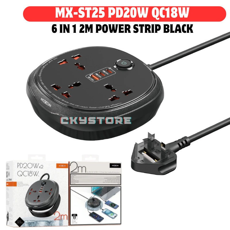 MOXM MX-ST25 PD20W QC18W 6 IN 1 2M POWER STRIP BLACK wall Adapter Charger | Shopee Malaysia