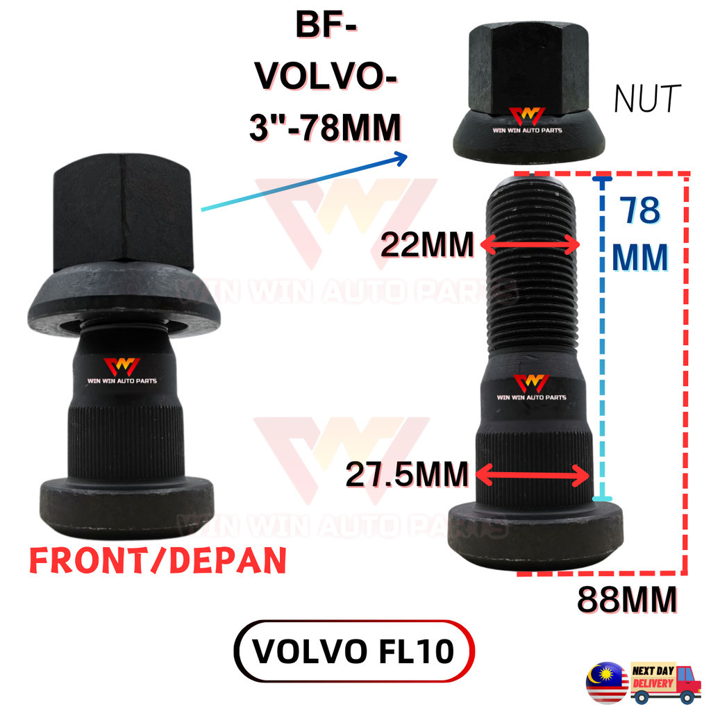 Volvo FL10 Trailer Truck (Front/Depan) Wheel Hub Bolt With Nut Tayar ...