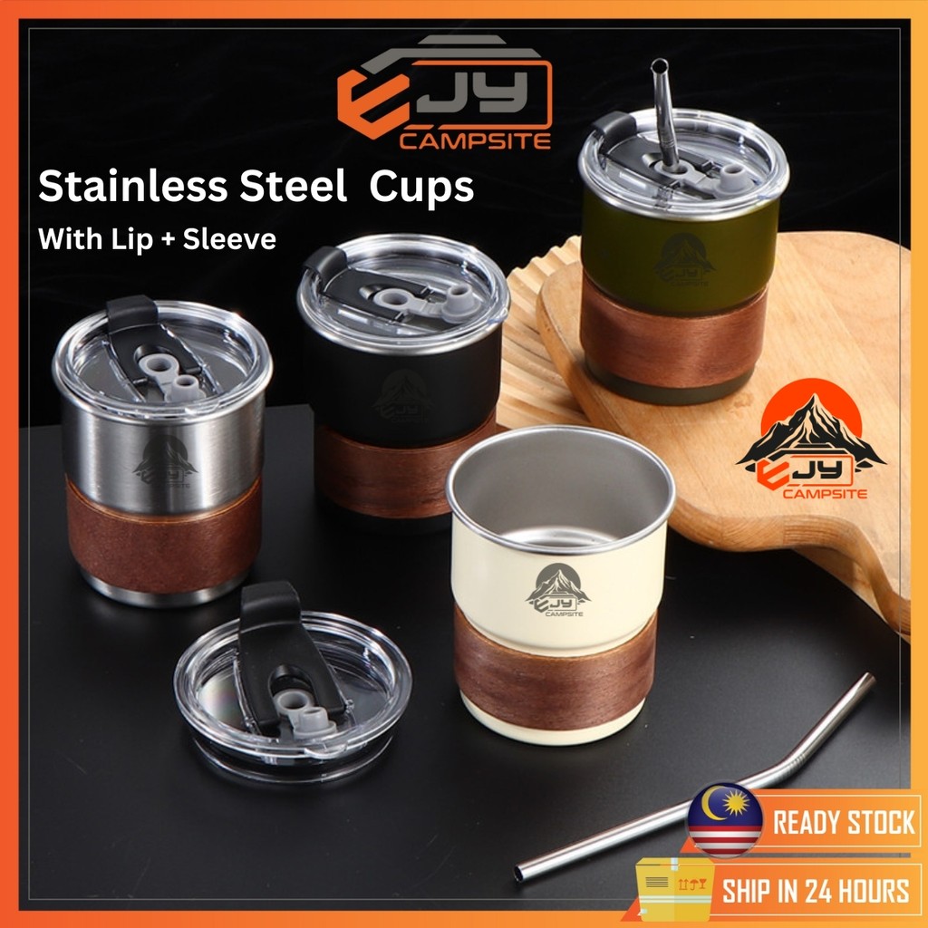 Camping Cup With Lid Sleeve 4PCS Set Stainless Steel Camping Mug Coffee ...