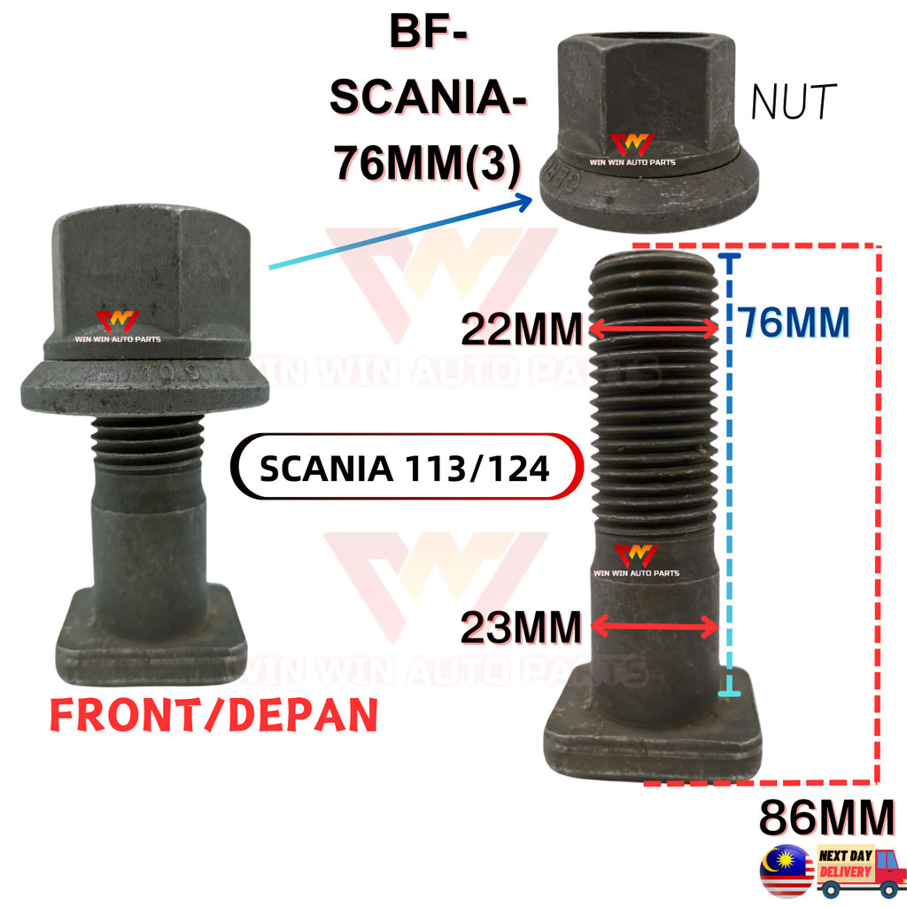 Scania113 / Scania 124 (Front/Depan) Wheel Hub Bolt With Nut Tayar Bolt ...