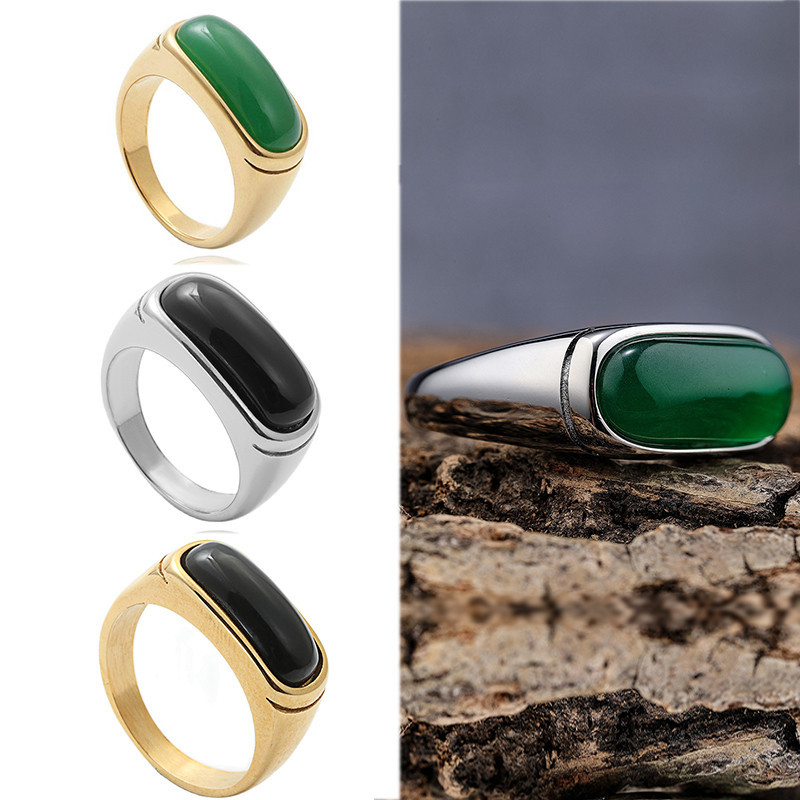 Punk Silver Gold Polished Titanium Steel Rectangle Emerald Black Stone ...