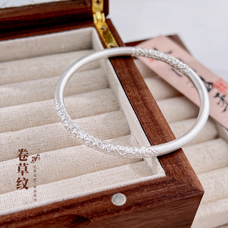 JF Curly Pattern Solid Bracelet 999 Pure Silver Bangle Jewelry Gift For ...