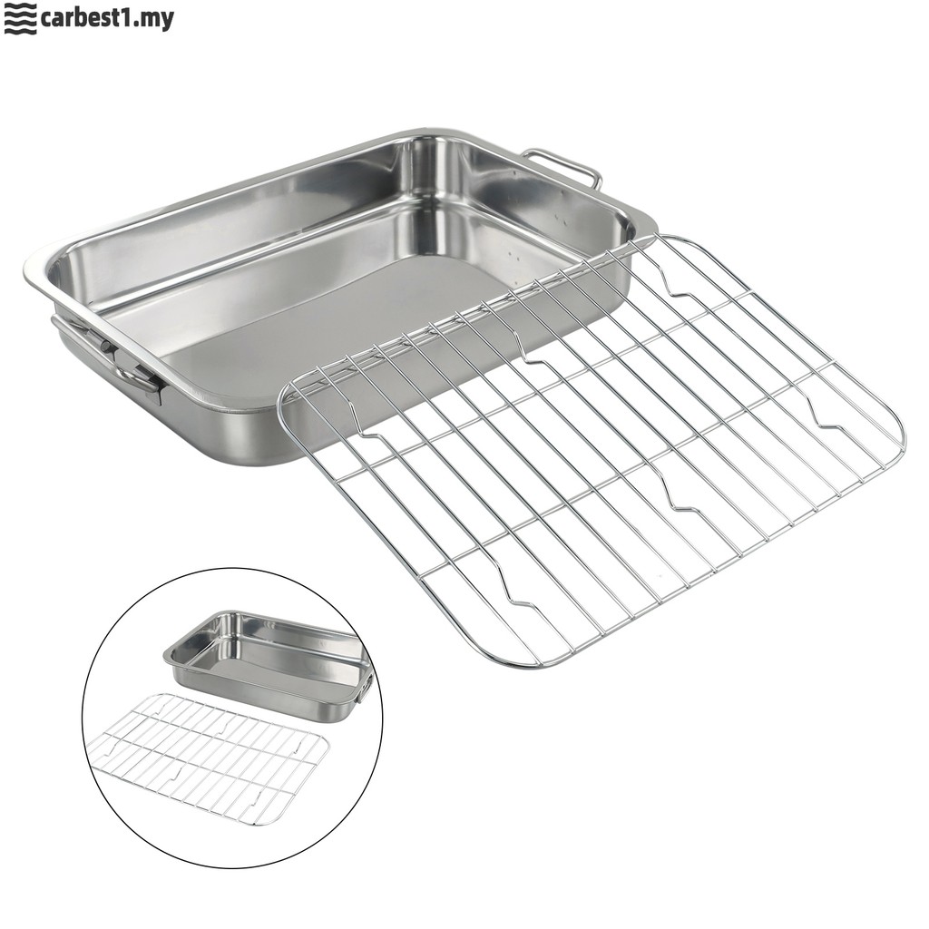 Stainless Steel Deep Roasting Tray Oven Pan Grill Rack Baking Roaster ...
