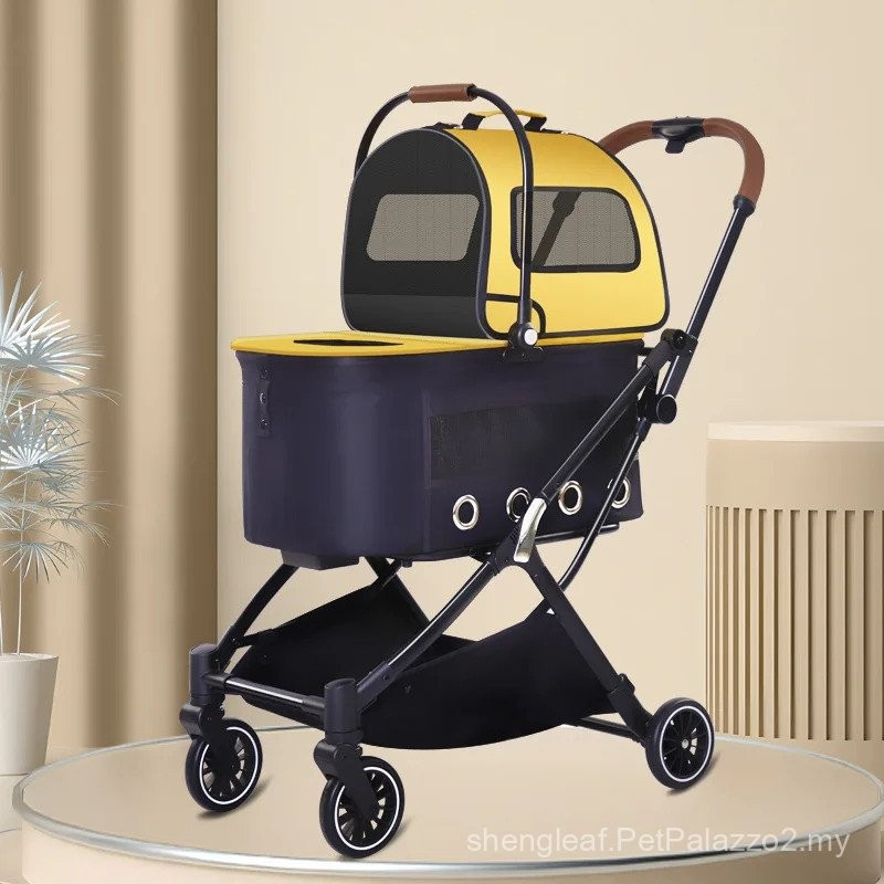 yellow Double Layer Dog Stroller Aluminum Tube Pet Cart Outdoor Travel ...