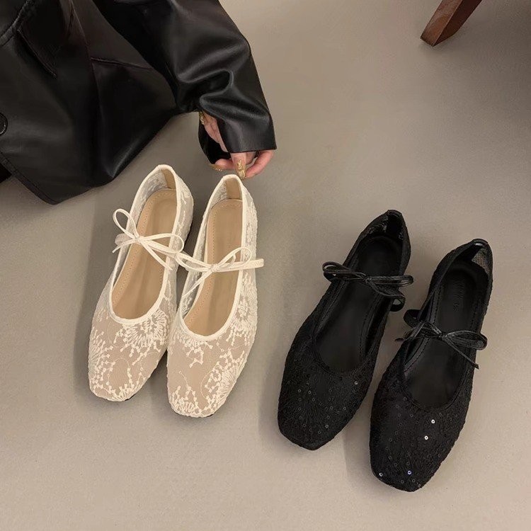 Square Toe Flat Heels Women's Slip-On Mesh Laced-Up | Shopee Malaysia