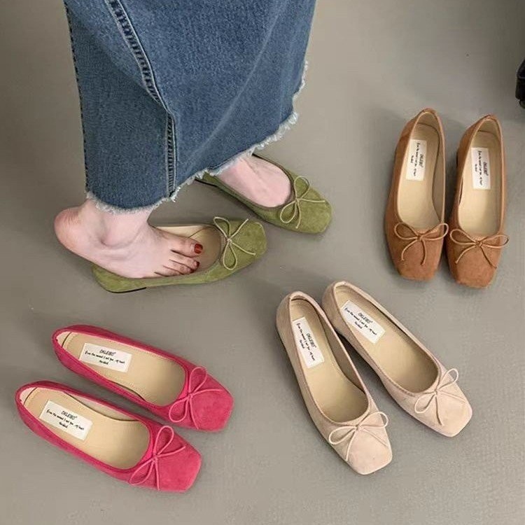 Bow Low Heels Women Square Toe Suede Thick Heels (Smaller than 3cm) PU ...