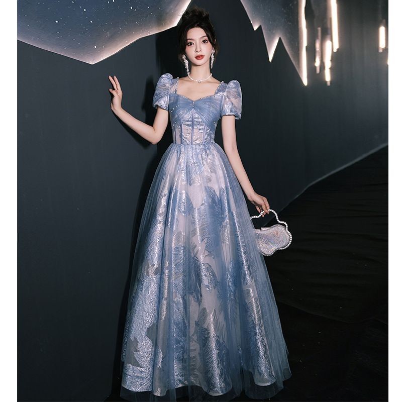 Hawlife Korean Blue Puff Sleeve Elegant Fairy JS Prom Evening Ball ...