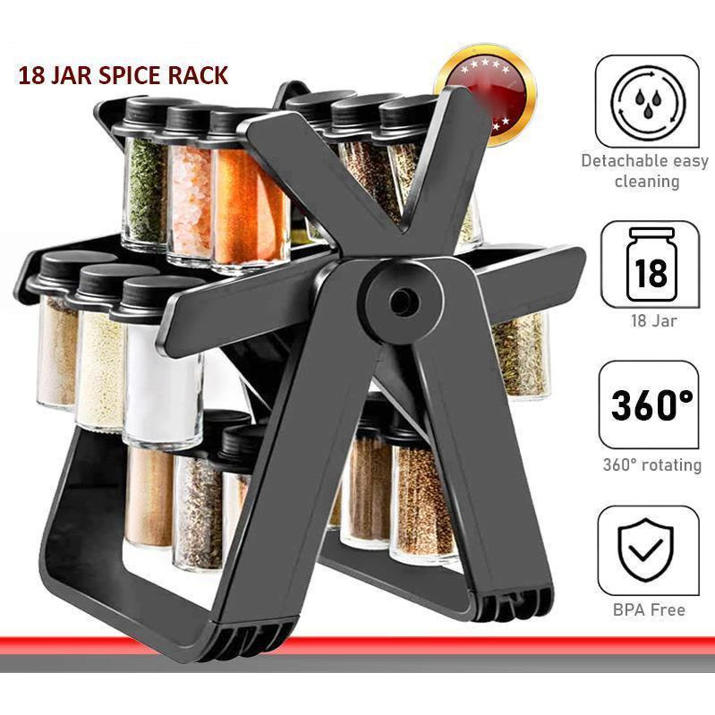 18 IN 1 Rotating Spice Tower Rack Glass Bottle Organiser Salt Storage ...