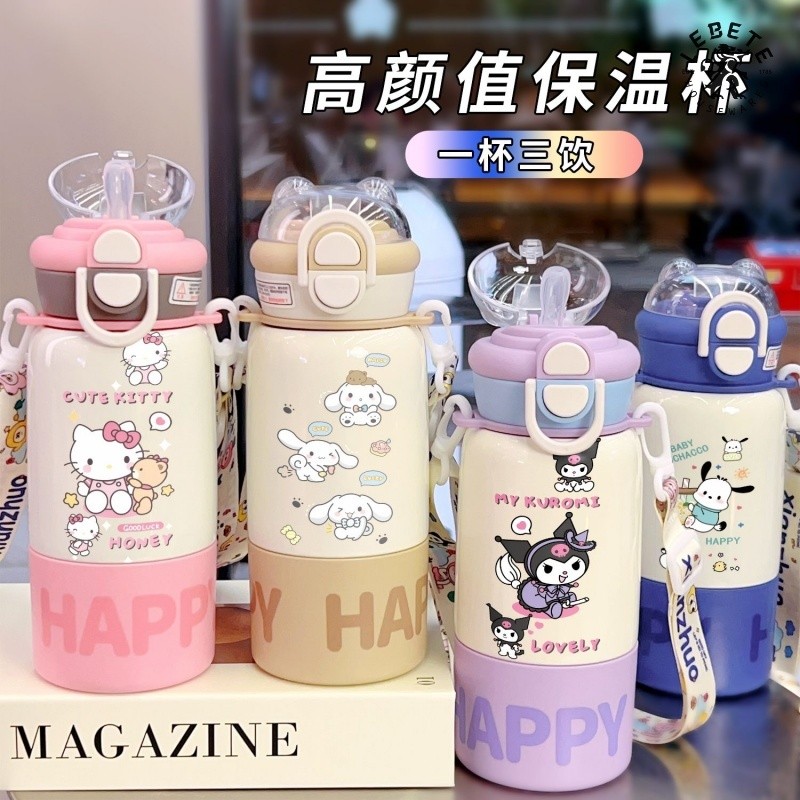 Rebede Hello Kitty Thermos Cup 316 Stainless Steel Large Capacity Straw Cartoon Portable Rope ...