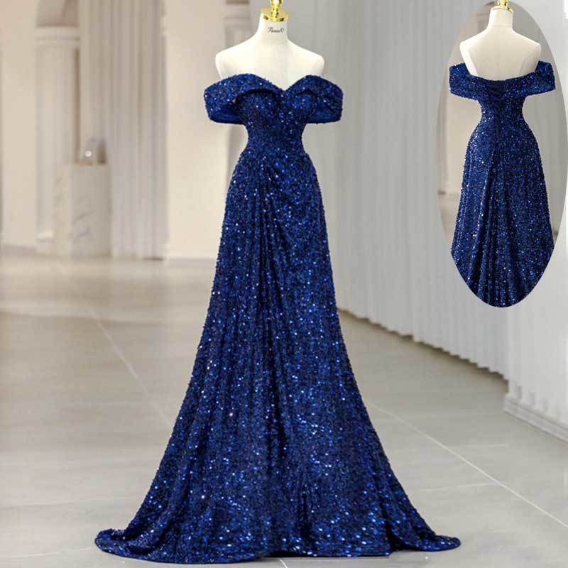 Customize Women's Blue Off-shoulder Evening Dress Celebrity Party High ...