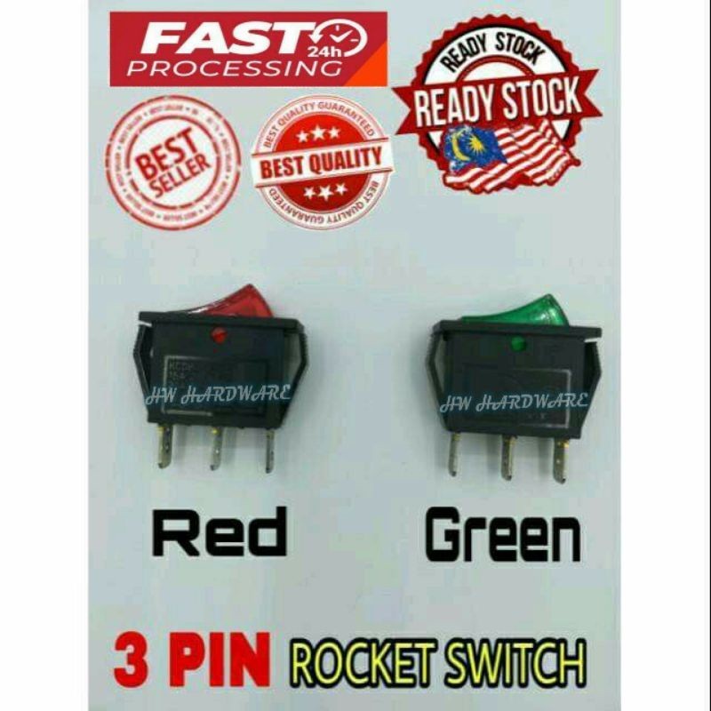 3Pin On/Off Rocket Switch (1pcs) DPST 15A/250V With LED (Red / Green ...