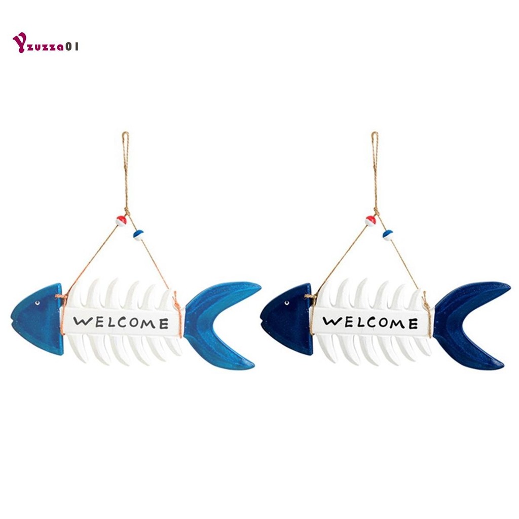 2 Piece Fish Bone Welcome Sign Fish Wall Decor Wood Mediterranean Beach ...
